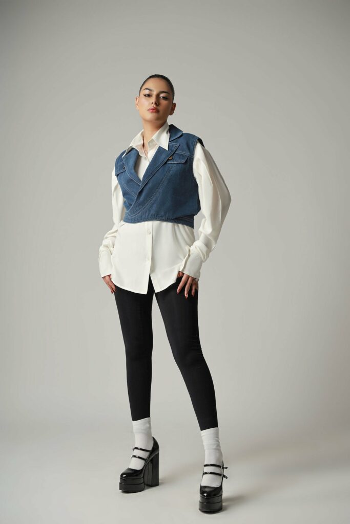 White Shirt with Denim Vest – Excel Group